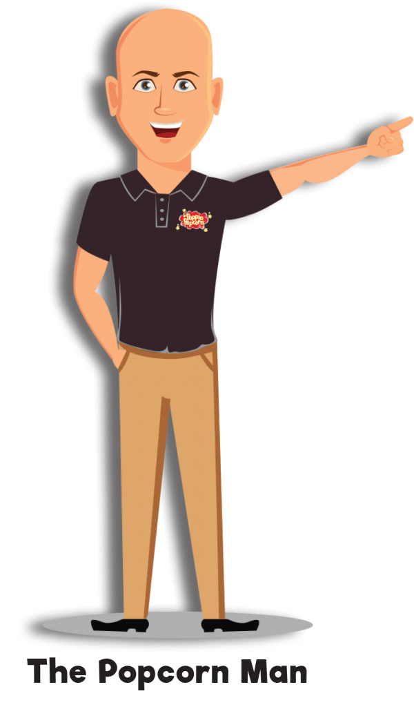 The Popcorn Man – Pointing Up – With Title – Poppin Popcorn